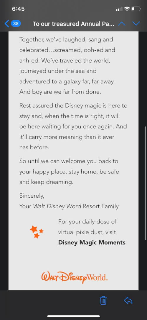 Disney Emails Annual Passholders Heartfelt Message During Park Closures
